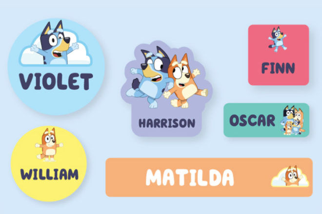 Bluey personalised name labels at Stuck on You